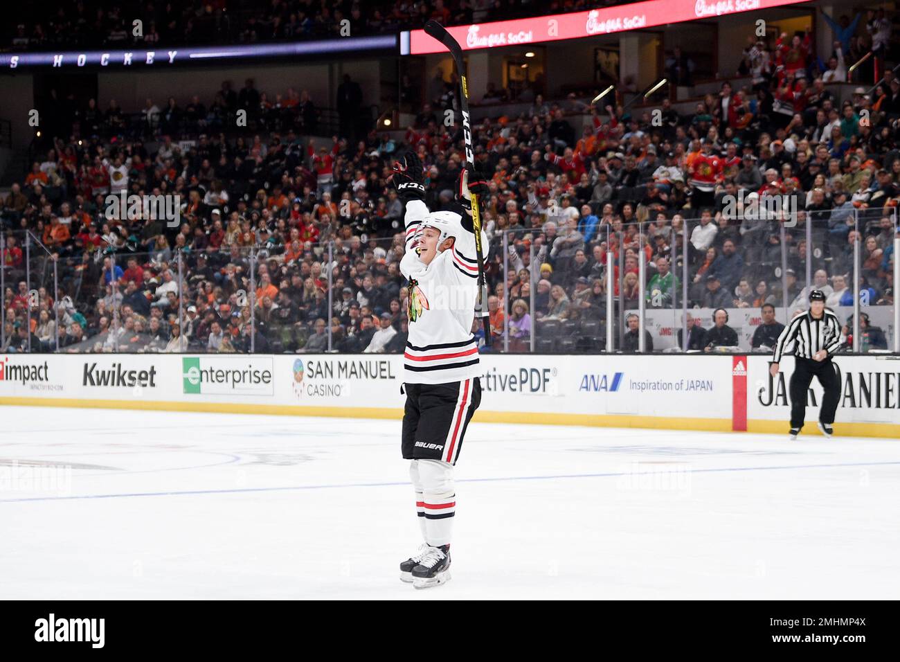 Chicago Blackhawks defenseman Adam Boqvist celebrates after scoring a ...