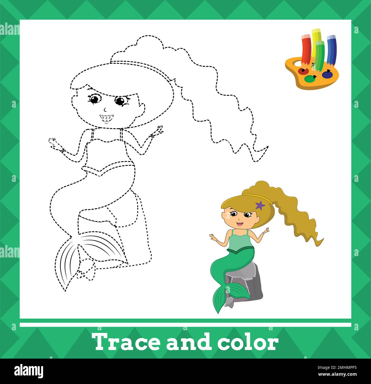 Trace and color for kids, mermaid vector illustration Stock Vector ...