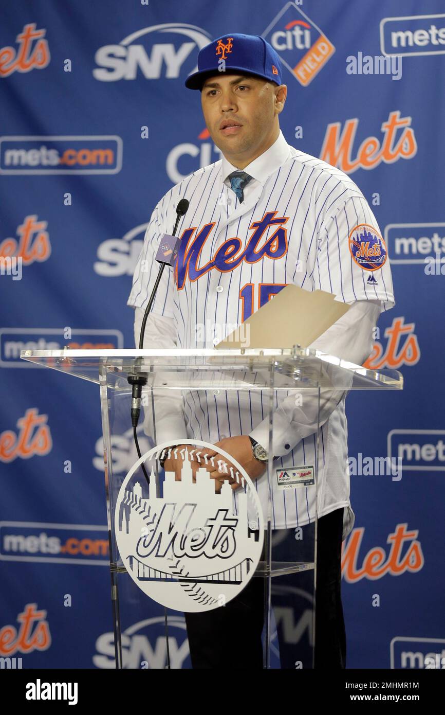 The new New York Mets manager, Carlos Beltran, speaks during a baseball ...