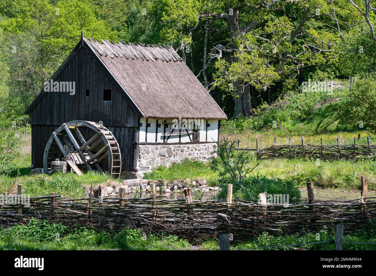 Countryside house with wooden mill amid green trees and lush nature ...