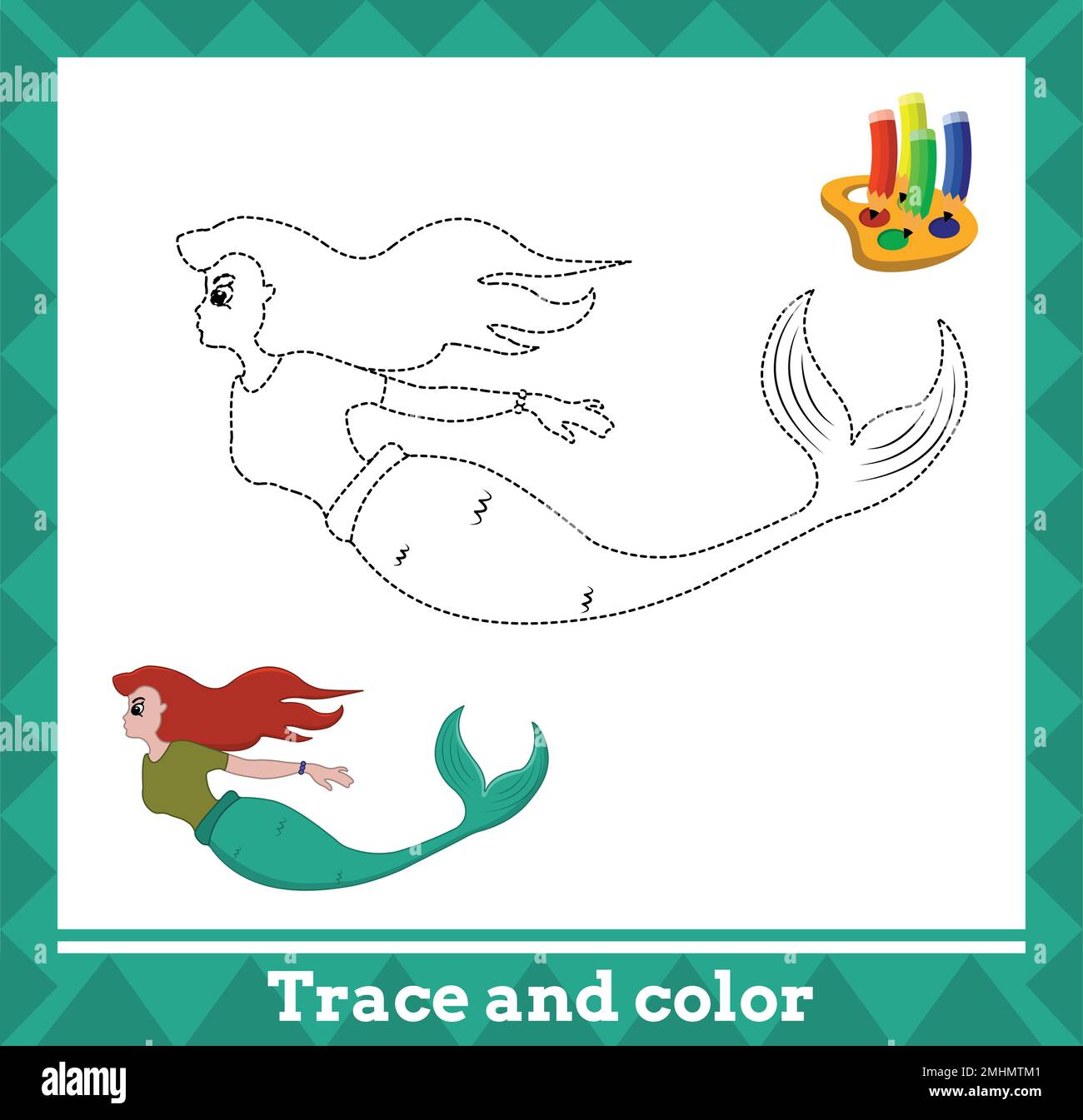 Trace and color for kids, mermaid vector illustration Stock Vector ...