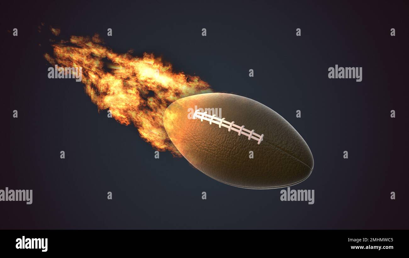 American football flying rugby ball with fire flames. 3d illustration ...