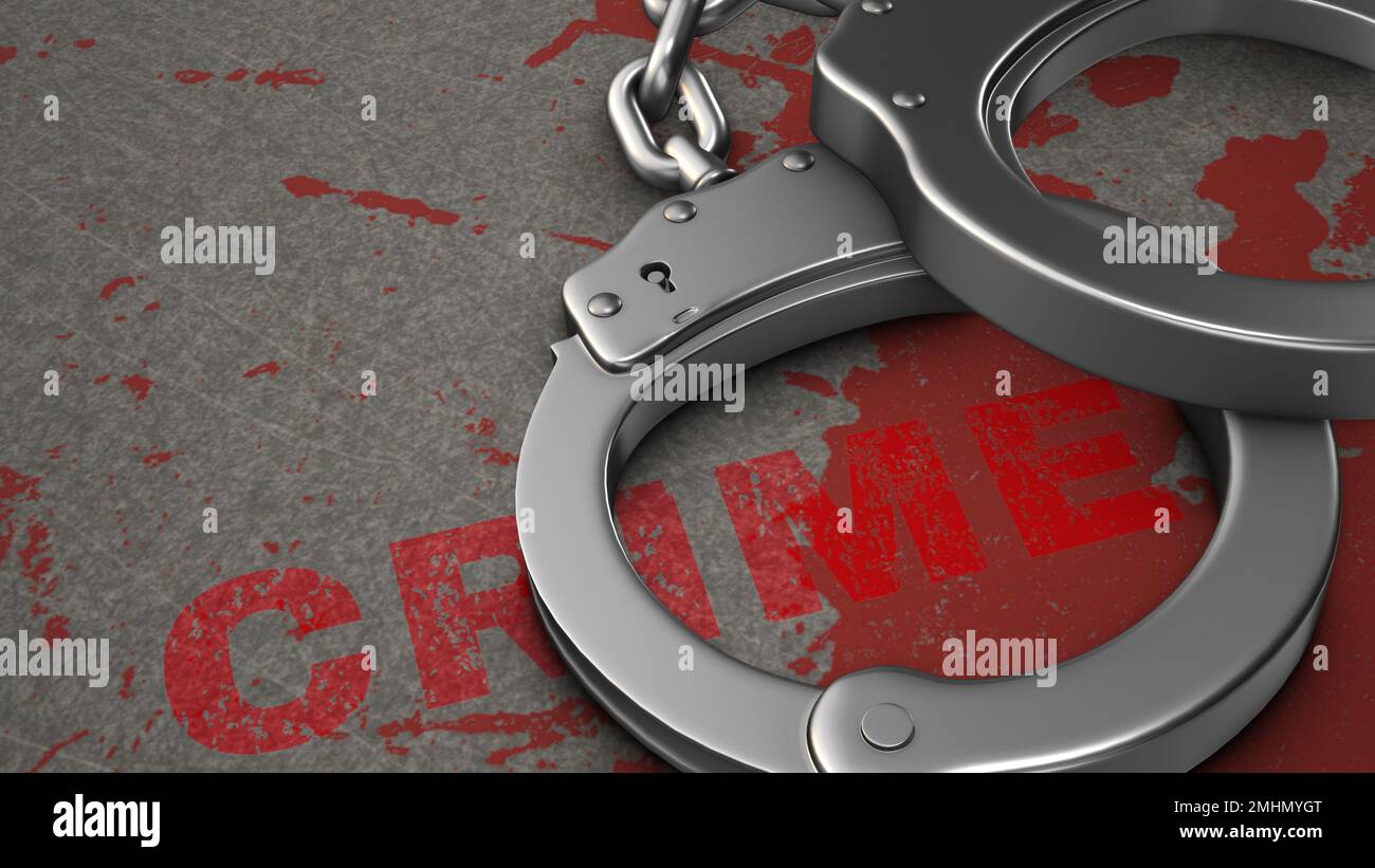 Handcuffs with blood on the crime scene 3d illustration Stock Photo - Alamy