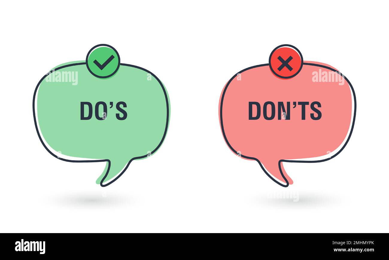 Do and Don't simple icons, vector elements. Check mark and cross in speech bubbles, used to ...