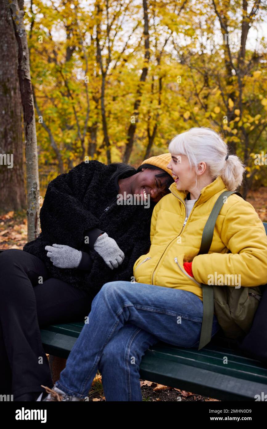 Two friends in park in autumn scenery Stock Photo - Alamy