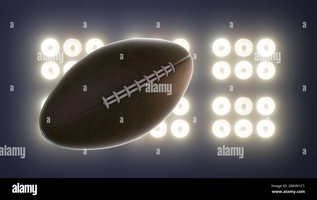 Super bowl football Spinning on floodlight background 3d illustration ...