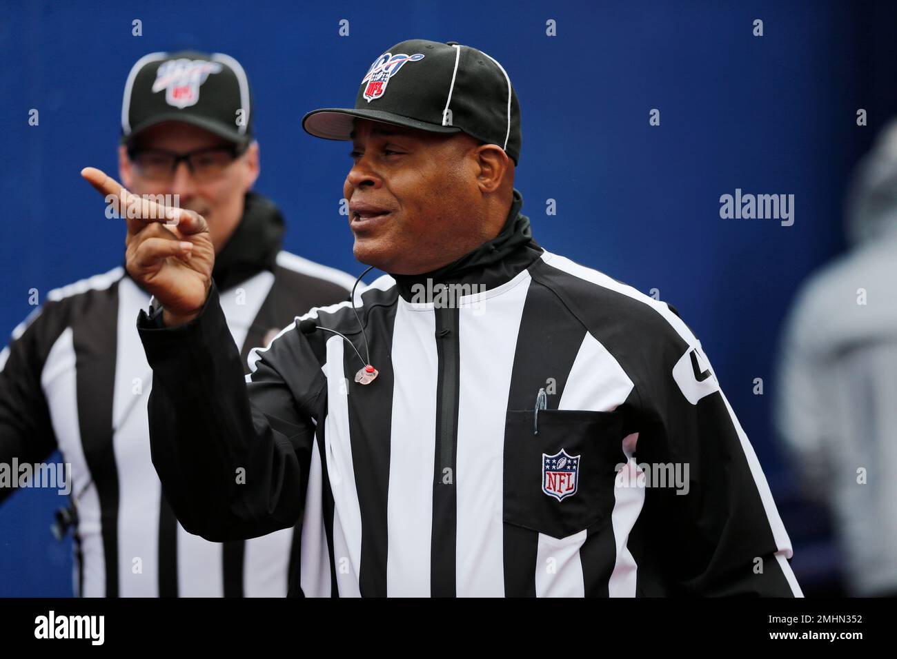 NFL official line judge Tim Podraza is shown before an NFL football ...