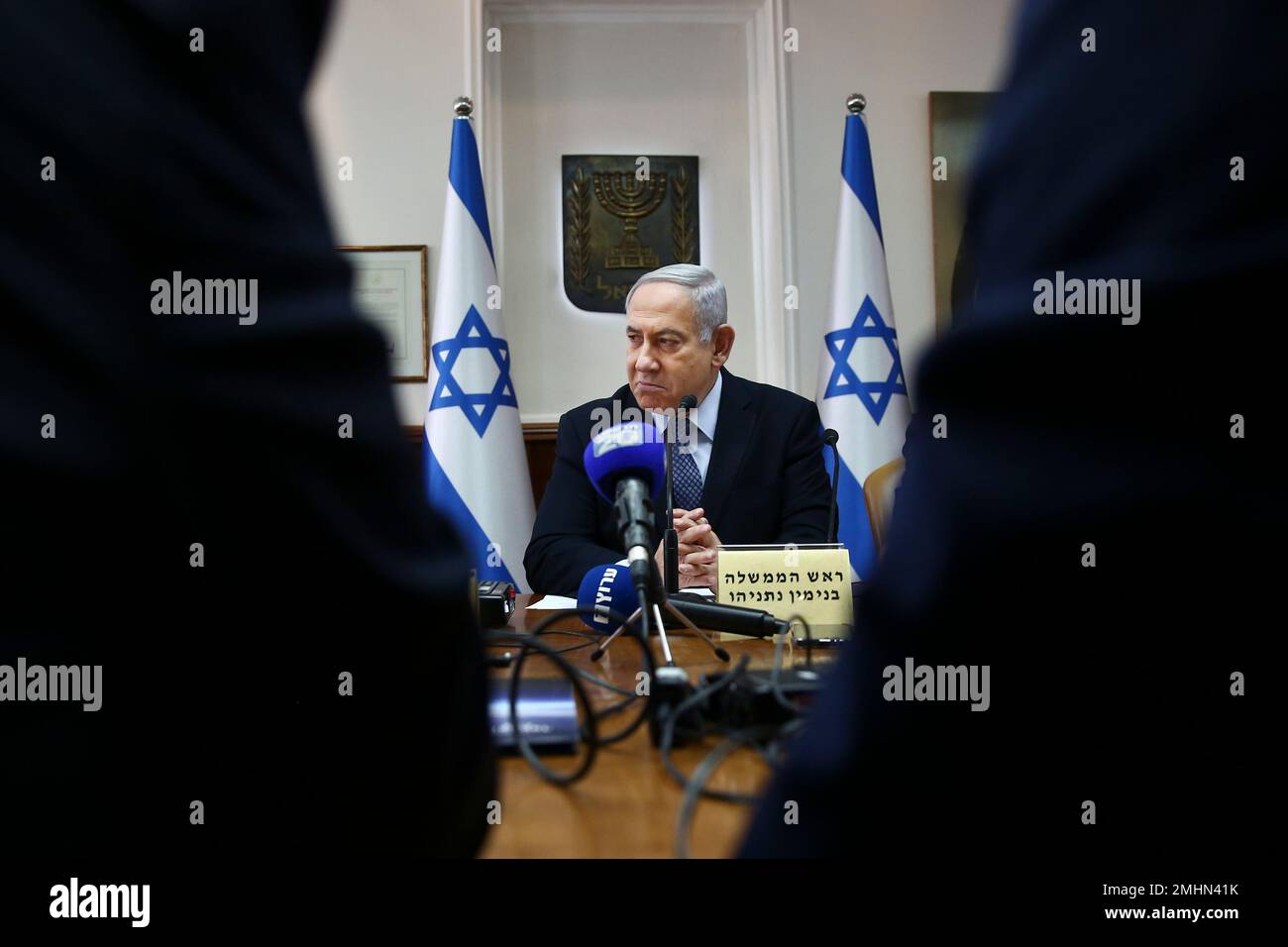 Israeli Prime Minister Benjamin Netanyahu, chairs the weekly cabinet ...