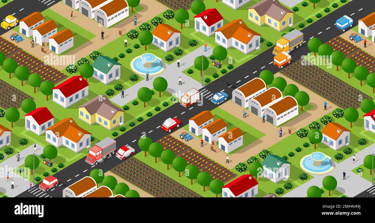 Country village district isometric illustration of a rural area with ...