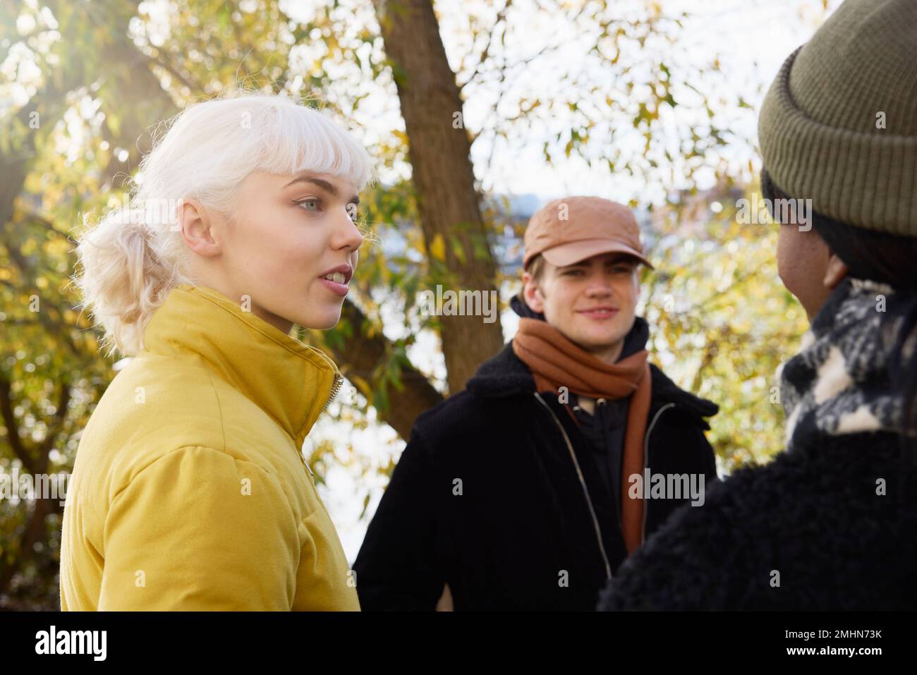 Smiling friends talking outdoors Stock Photo - Alamy