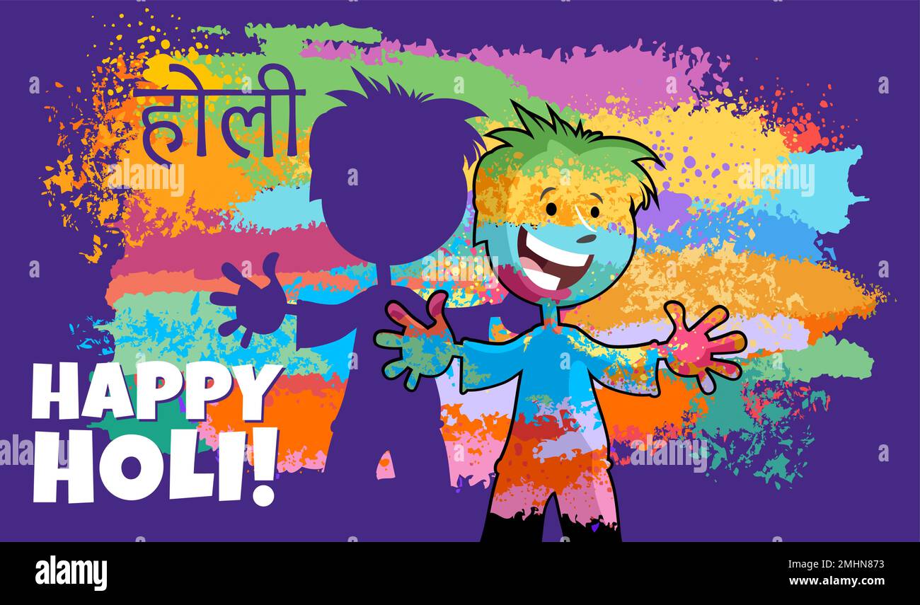 Cartoon illustration of Hindu Holi festival colorful design with happy ...