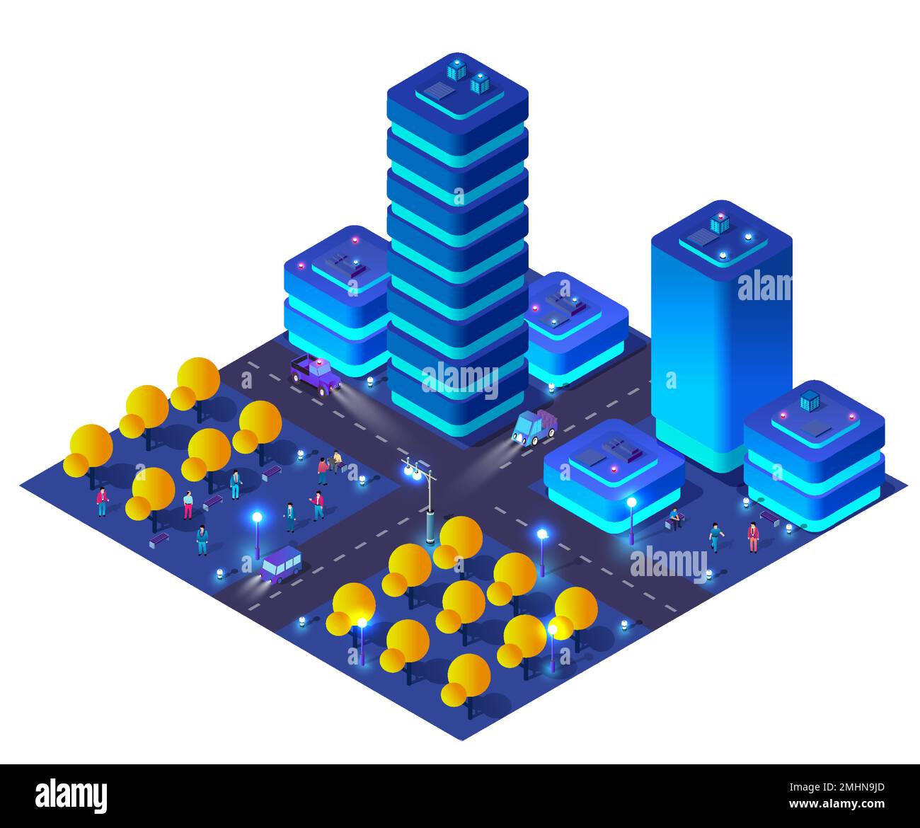 City urban area map Isometric night lights ultraviolet 3D illustration ...