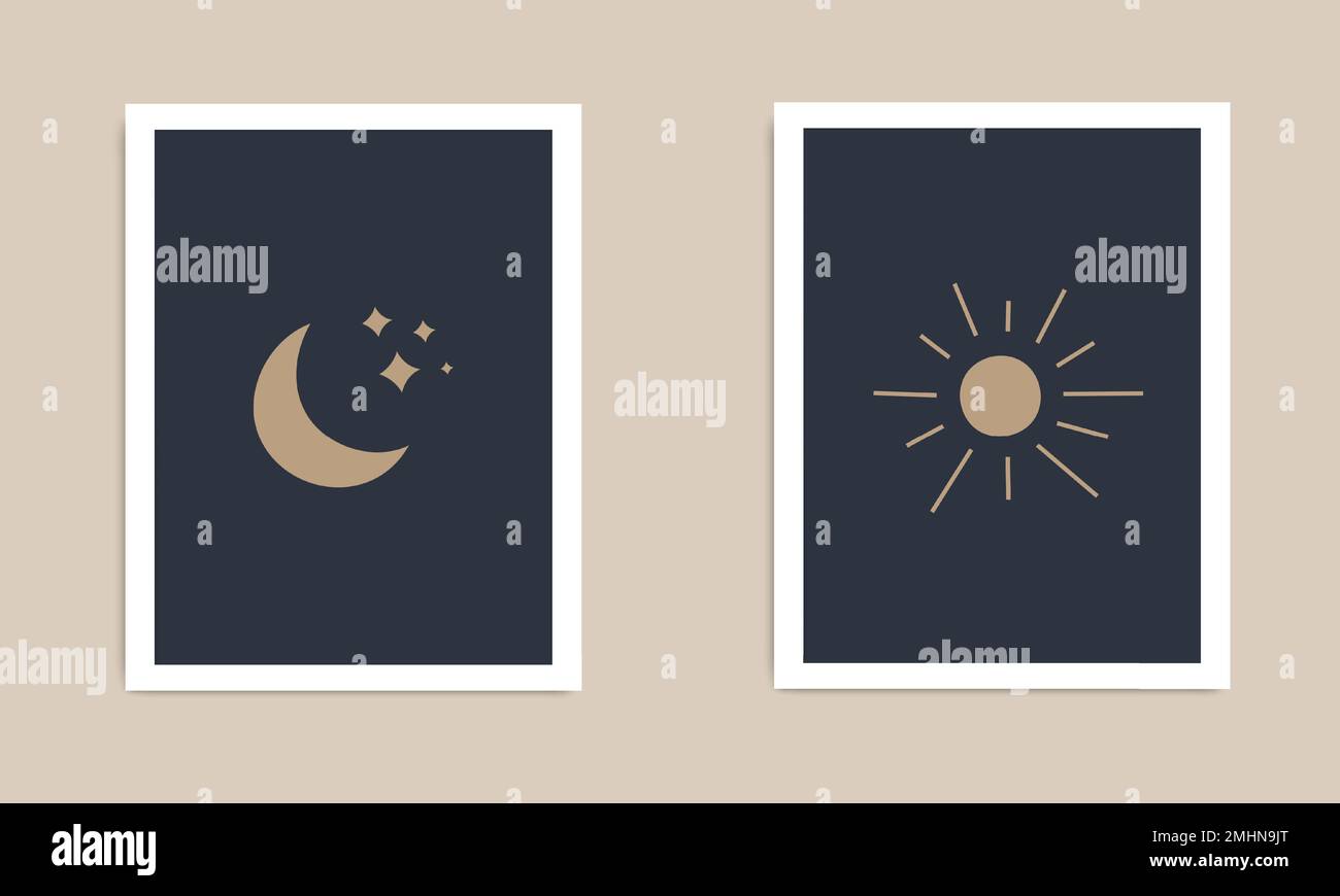 Mid century sun and moon set, scandinavian modern art, minimal abstract ...