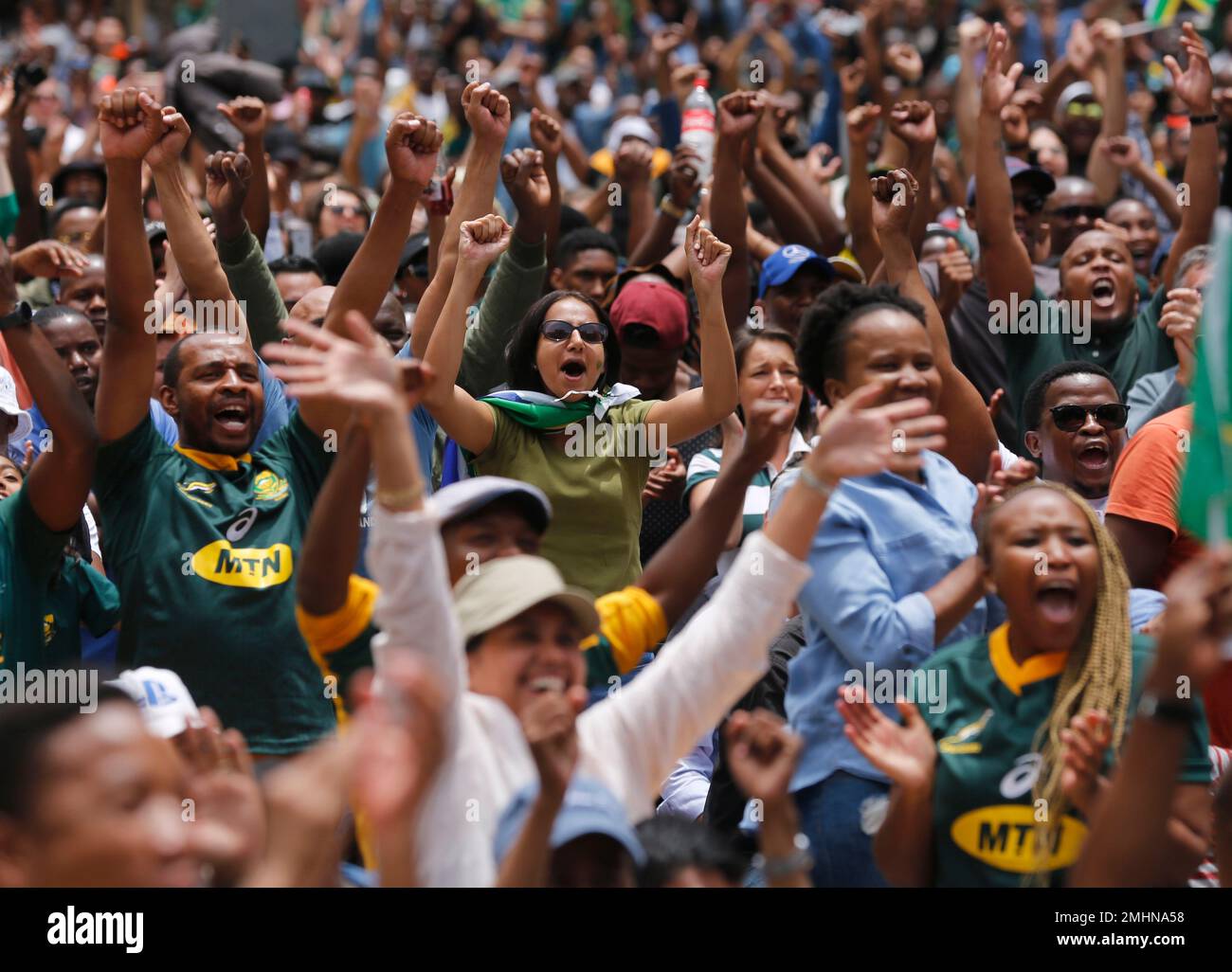 South Africa fans watching a giant screen at the Nelson Mandela Square ...