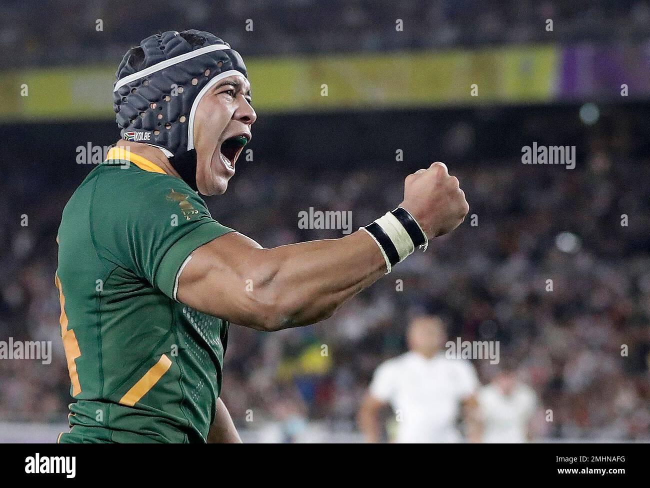 South Africa's Cheslin Kolbe celebrates scoring his side's second try ...