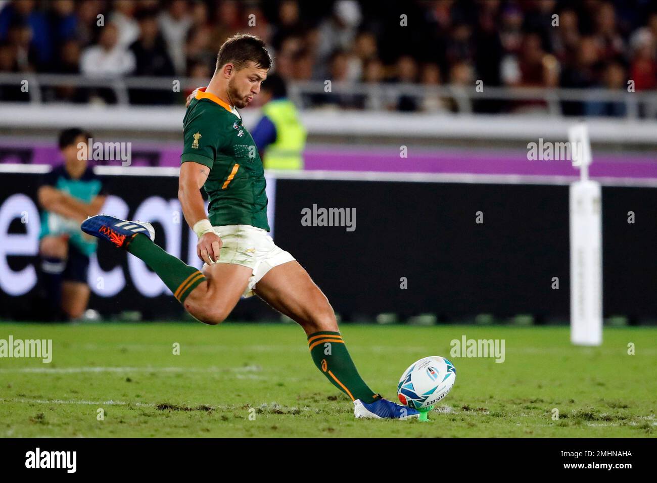 South Africa's Handre Pollard kicks the ball during the Rugby World Cup ...