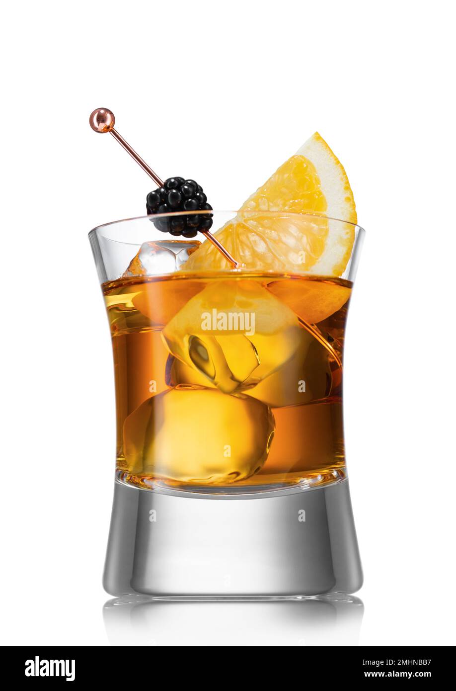Old Fashioned Cocktail With Ice Cubes And Blackberry With Orange Slice