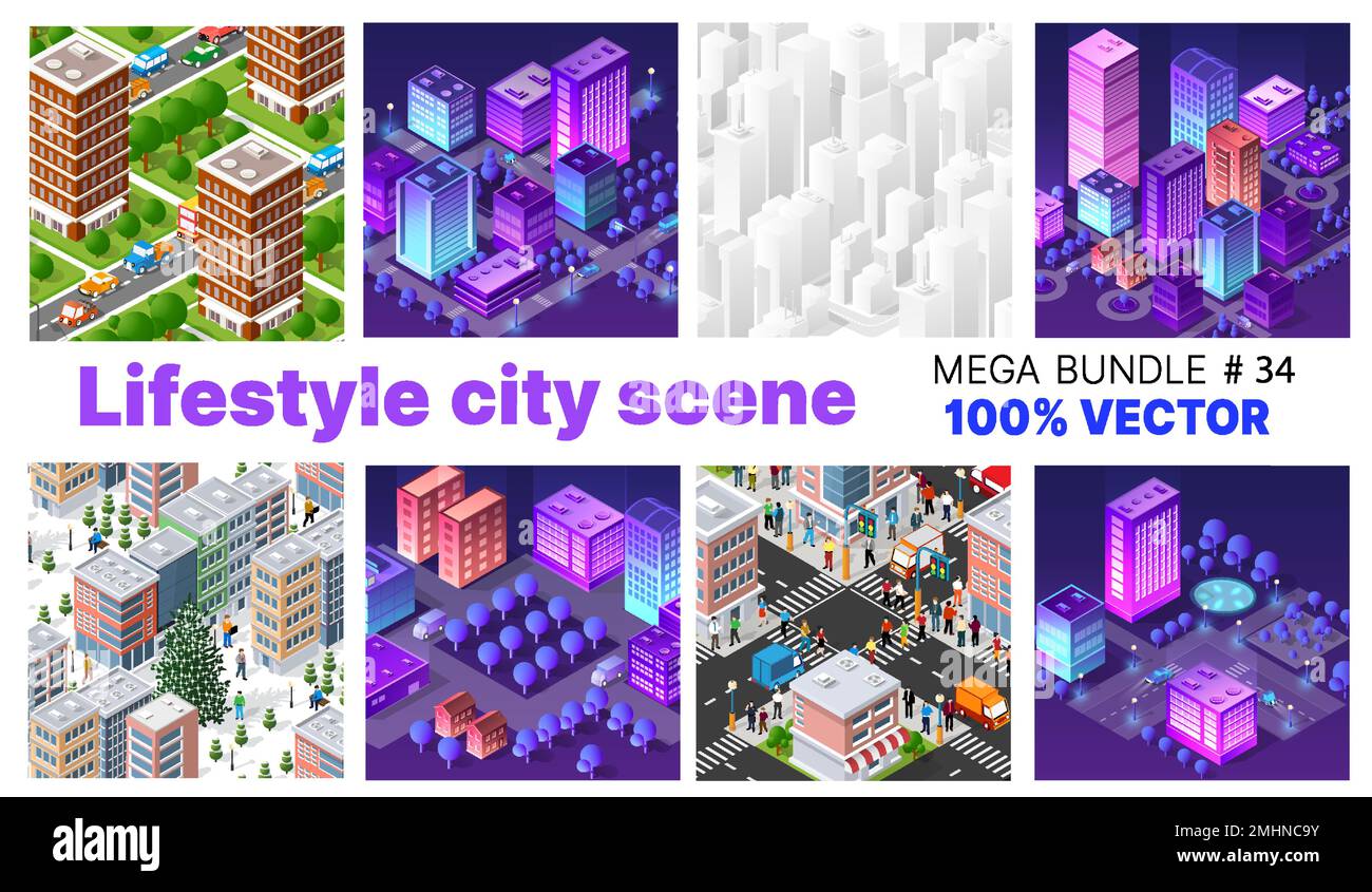 The city lifestyle scene set 3d illustrations on urban themes with ...