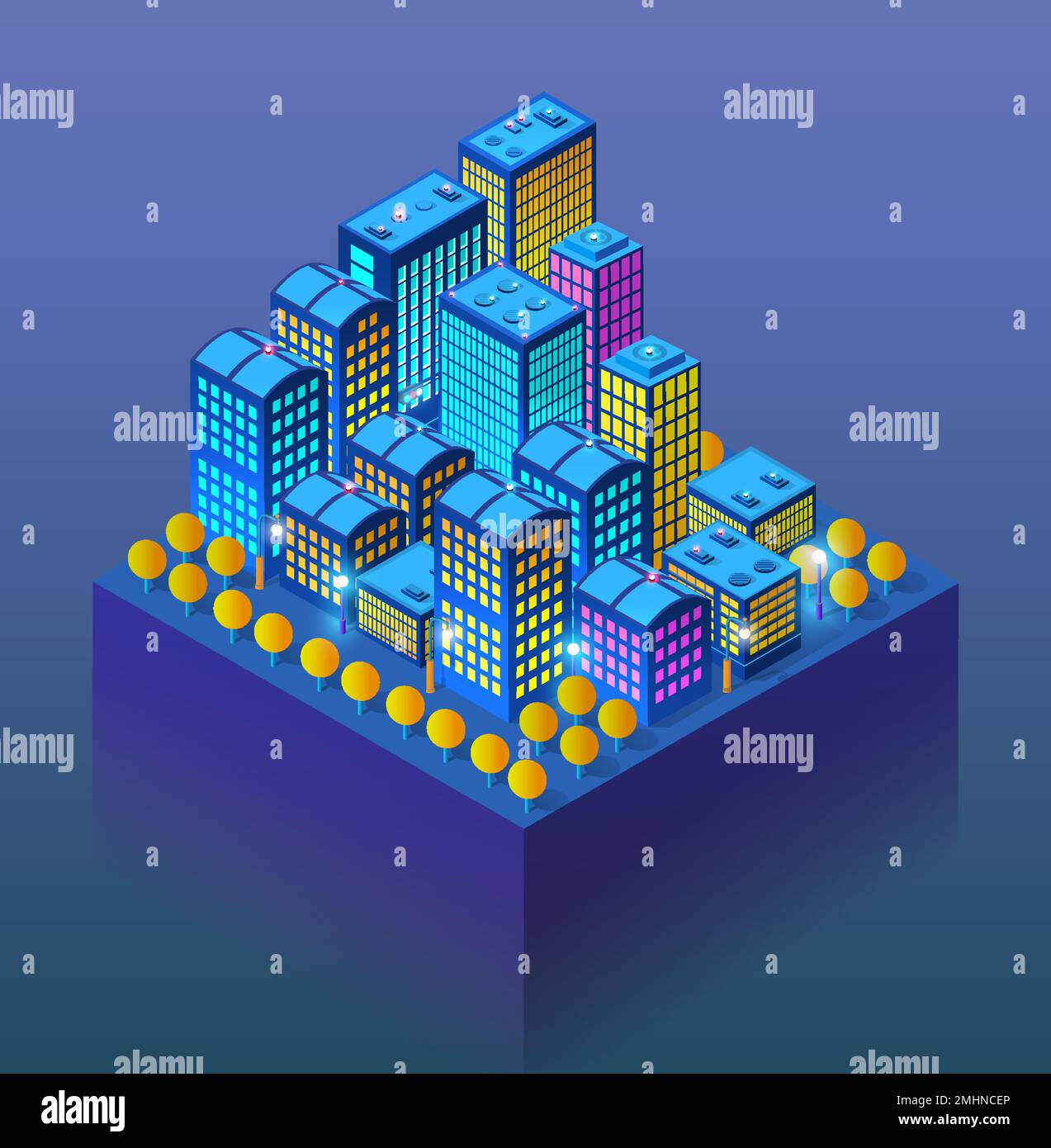 Residential town night city urban 3D illustration of neon ultraviolet ...