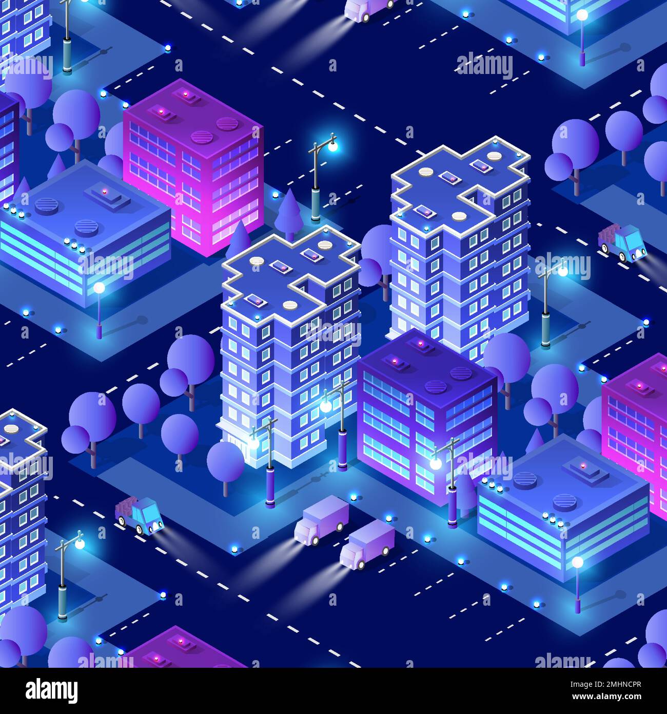 Residential town night city urban 3D illustration of neon ultraviolet ...