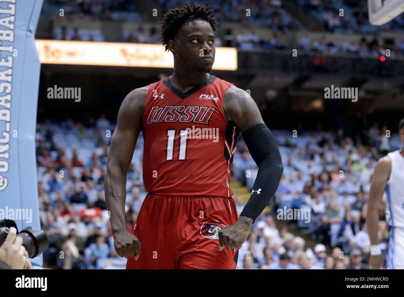Winston-Salem State's Jonathan Hicklin (11) reacts following a basket ...