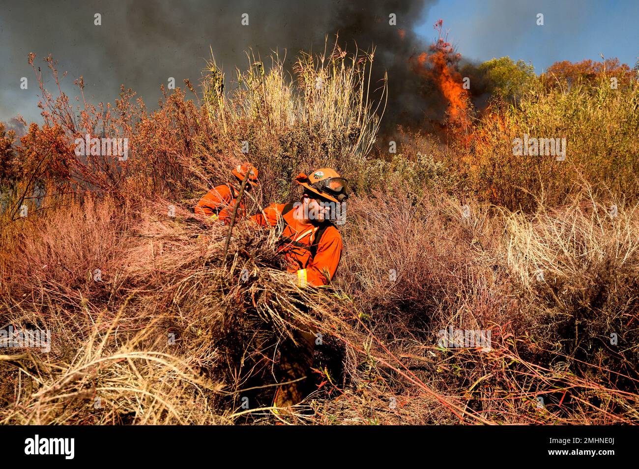 An inmate firefighter creates a fire break as the Maria Fire approaches ...