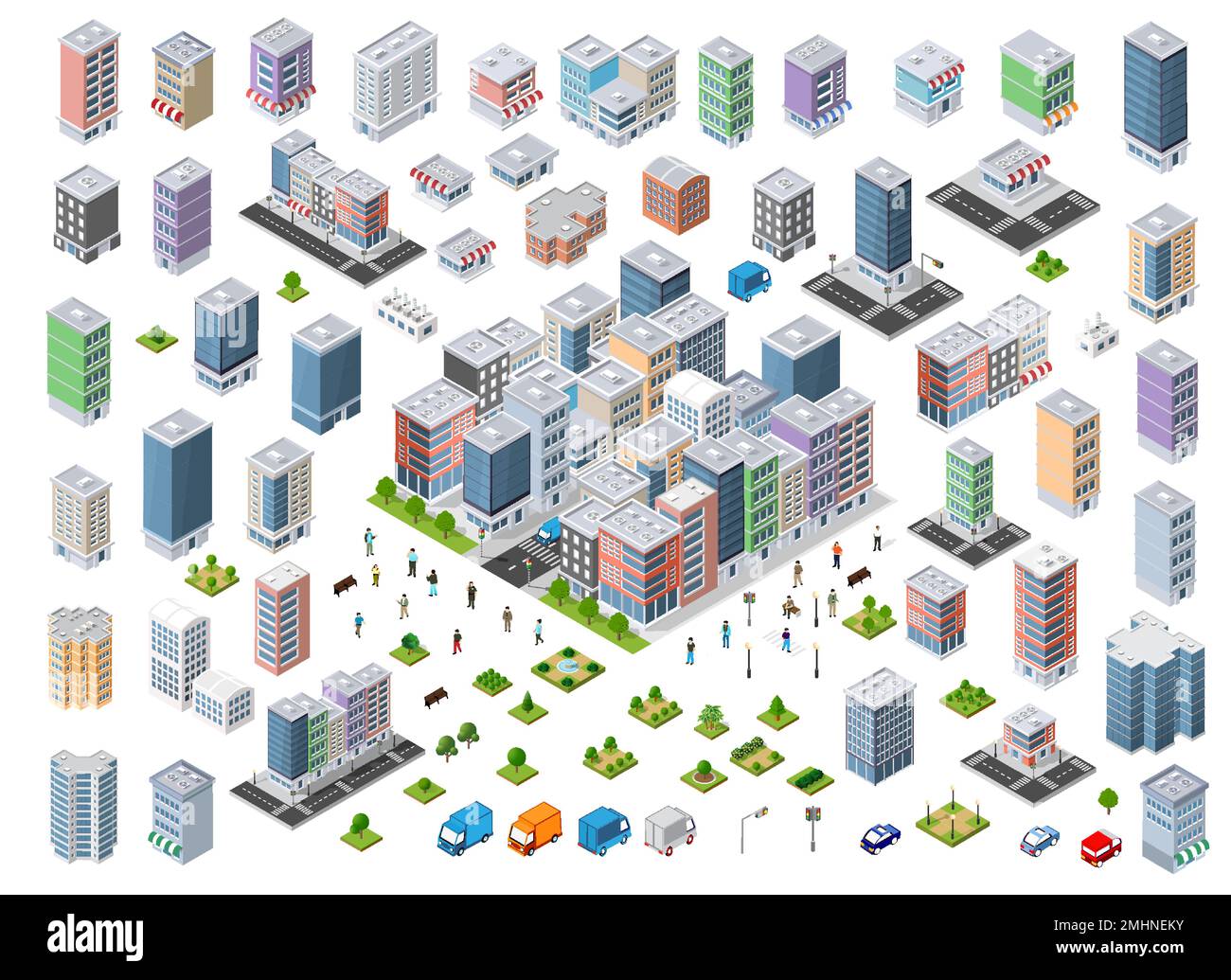 There set are many urban 3D buildings in different colors for ...