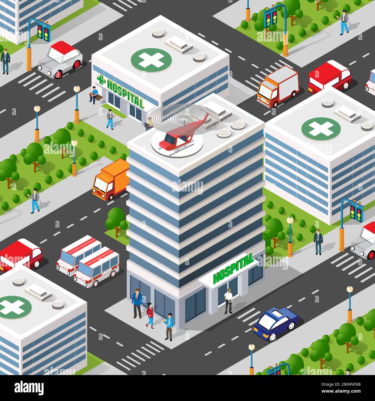City life scene. Hospital with medical staff and therapy helicopter ...
