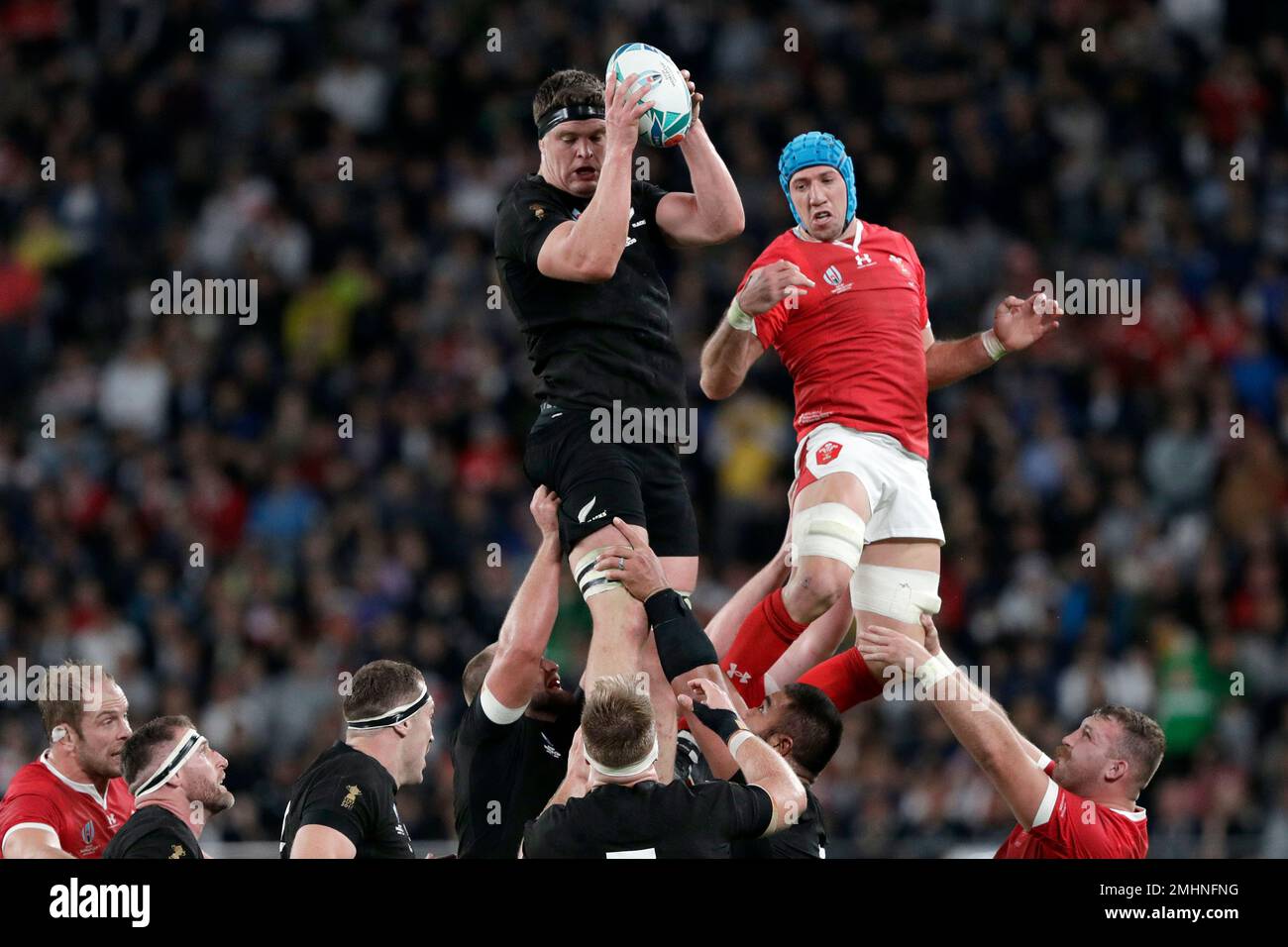 New Zealand's Scott Barrett catches the ball during a line out at the ...