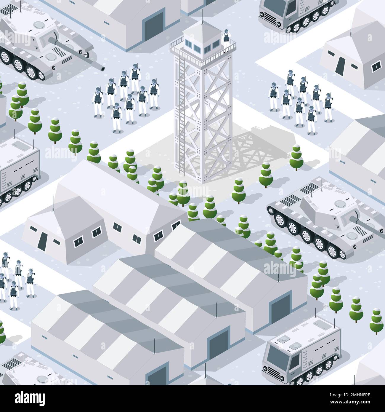 An isometric military transport base is illustrated in winter armed ...