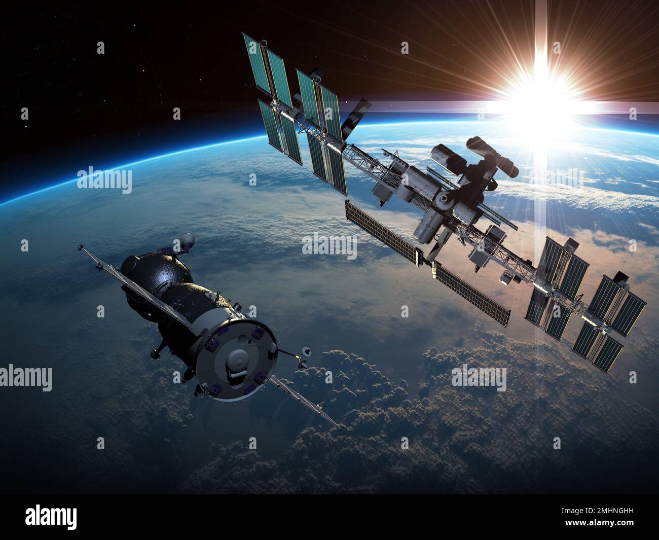 International Space Station ISS Orbiting over Earth. 3D Illustration ...