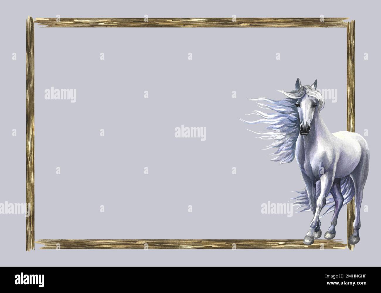 Wooden frame with a horse. Watercolor drawing. Photo frame design ...