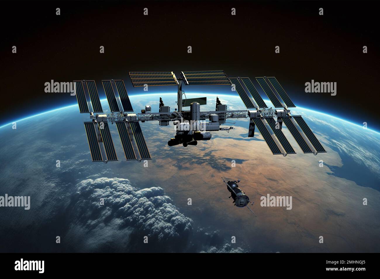 International Space Station ISS Orbiting over Earth. 3D Illustration ...