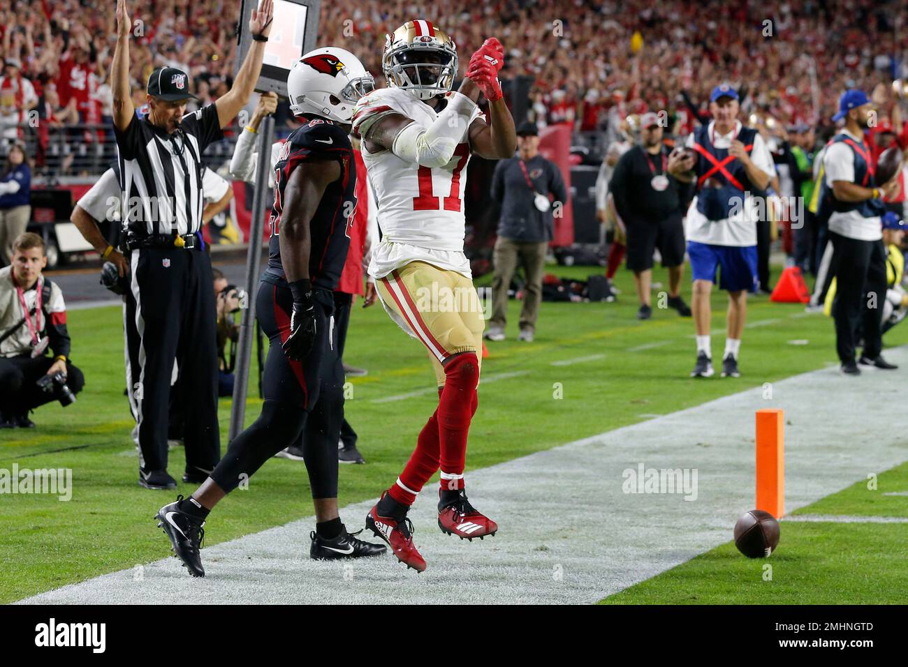 San Francisco 49ers wide receiver Emmanuel Sanders (17) celebrates his ...