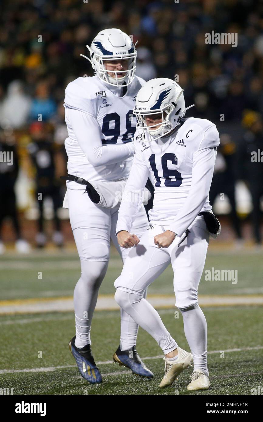 Georgia Southern's Tyler Bass (16) celebrates his 49-yard field goal ...