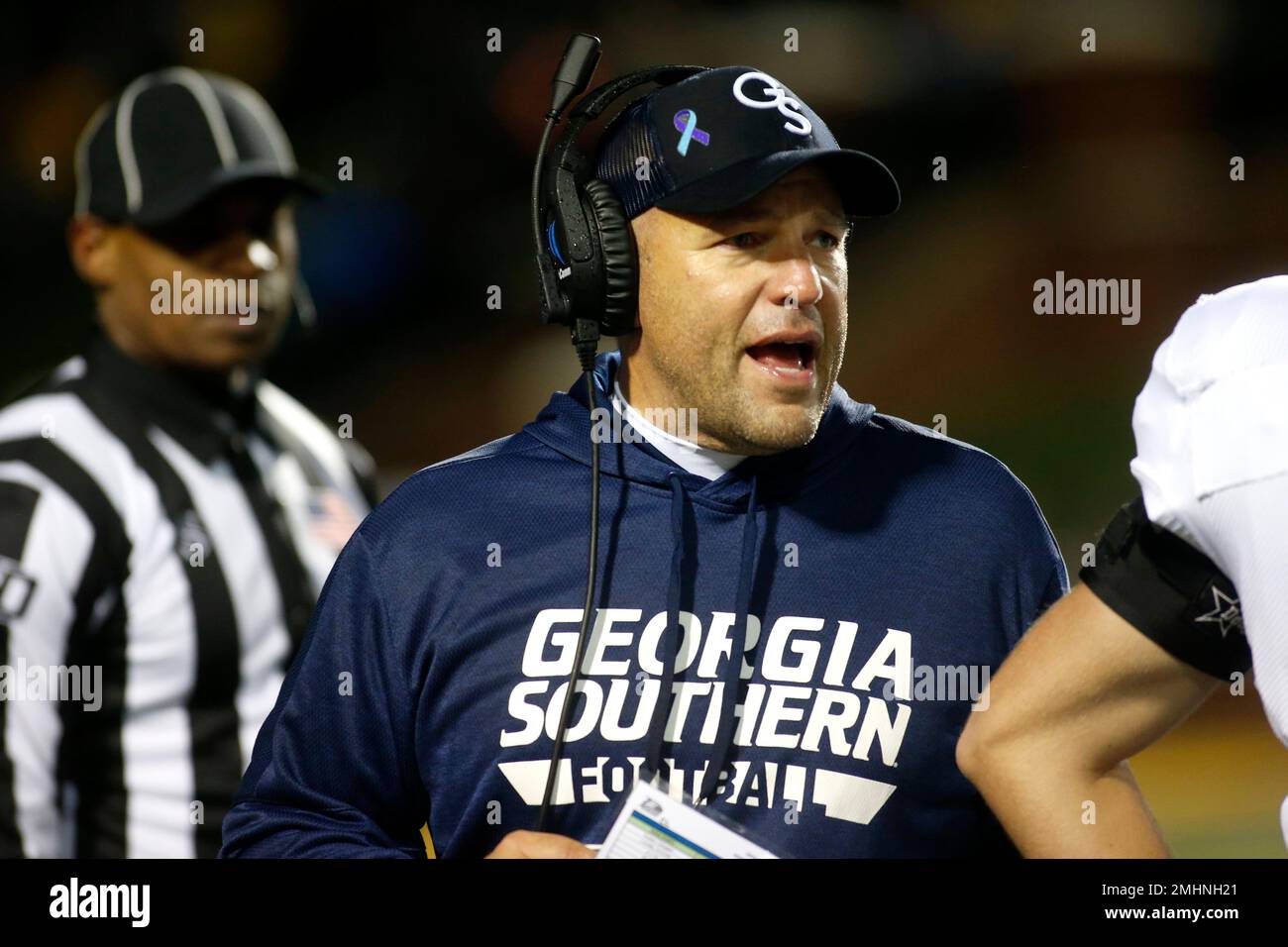 Georgia Southern coach Chad Lunsford speaks to his players during a ...