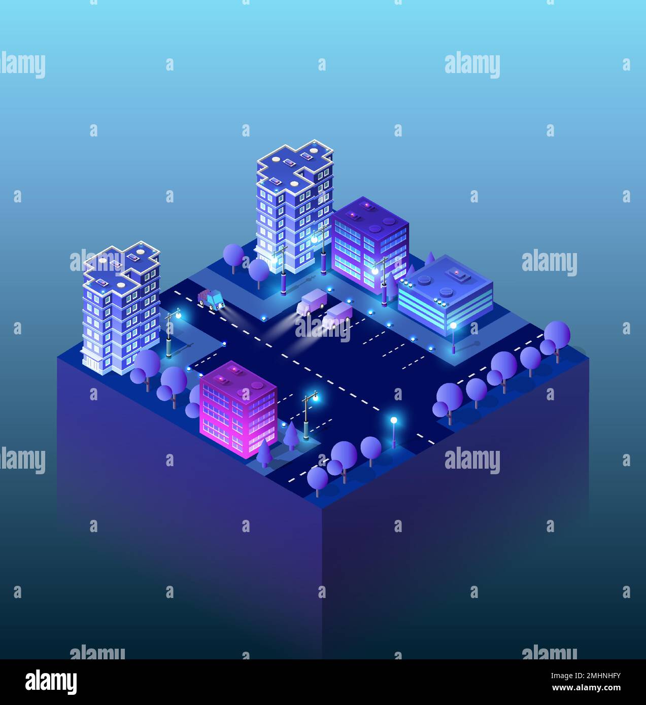 Residential town night city urban 3D illustration of neon ultraviolet ...