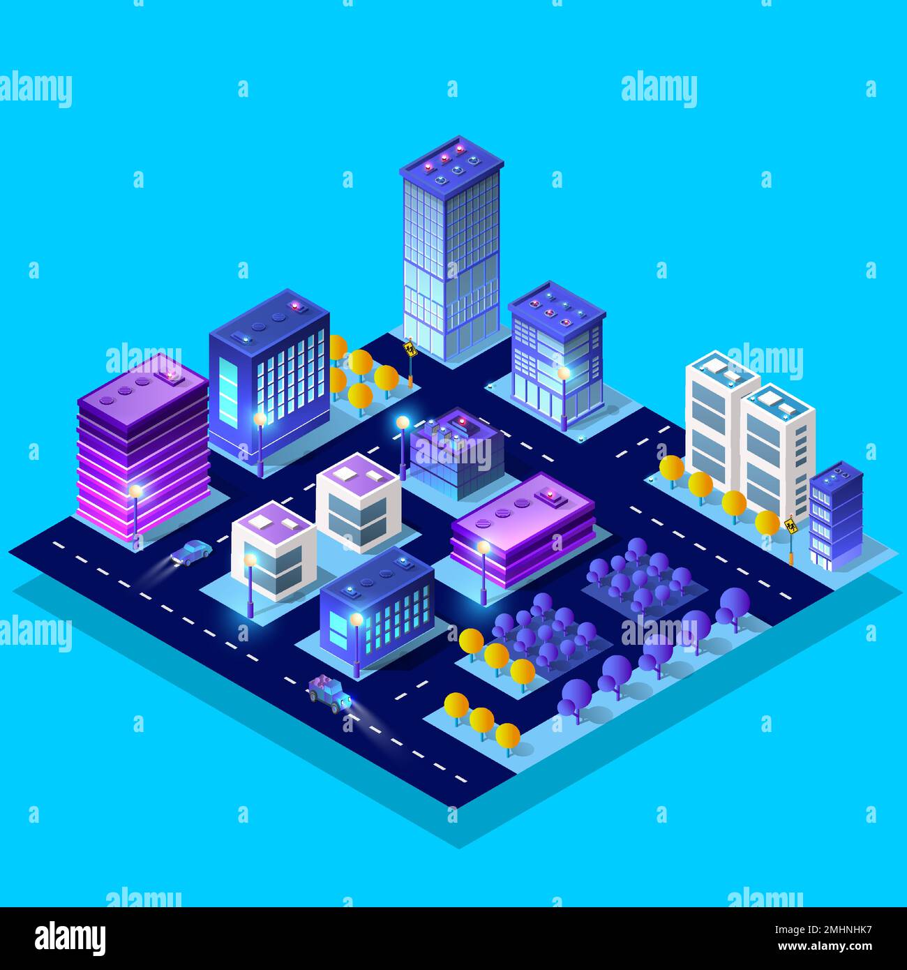 Residential town night city urban 3D illustration of neon ultraviolet ...