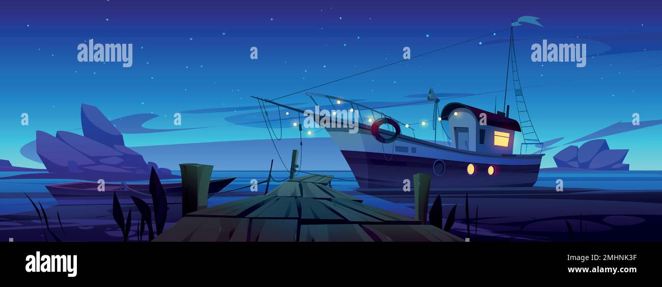 Fishing boats at pier in lake, river or sea harbor. Summer night ...