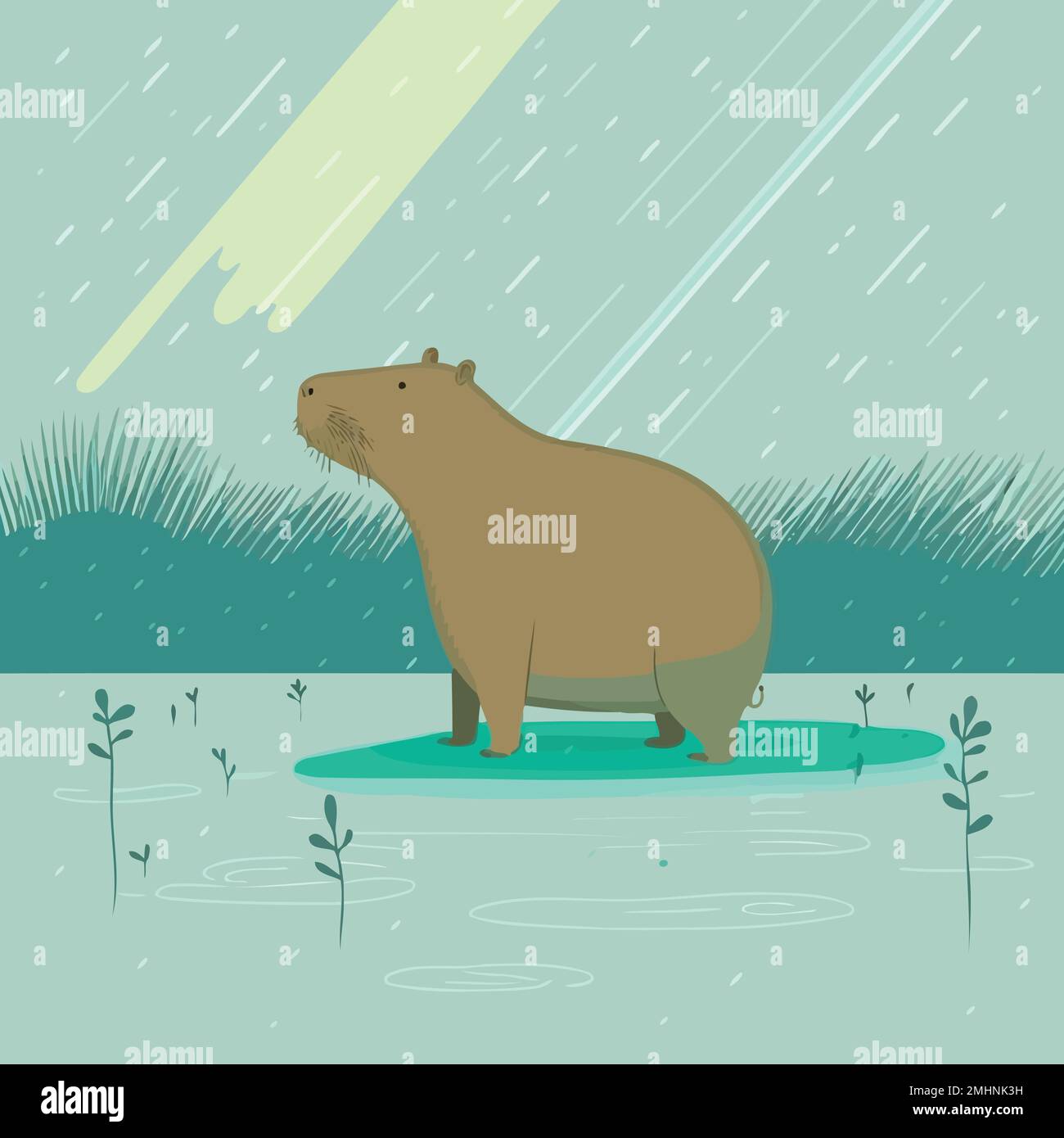 cute capybara animal in the water of a river during a rain Stock Vector ...
