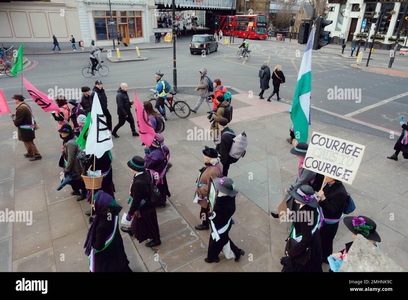 London, UK. 27 JAN 2023. People dressed as suffragettes march from Bank ...