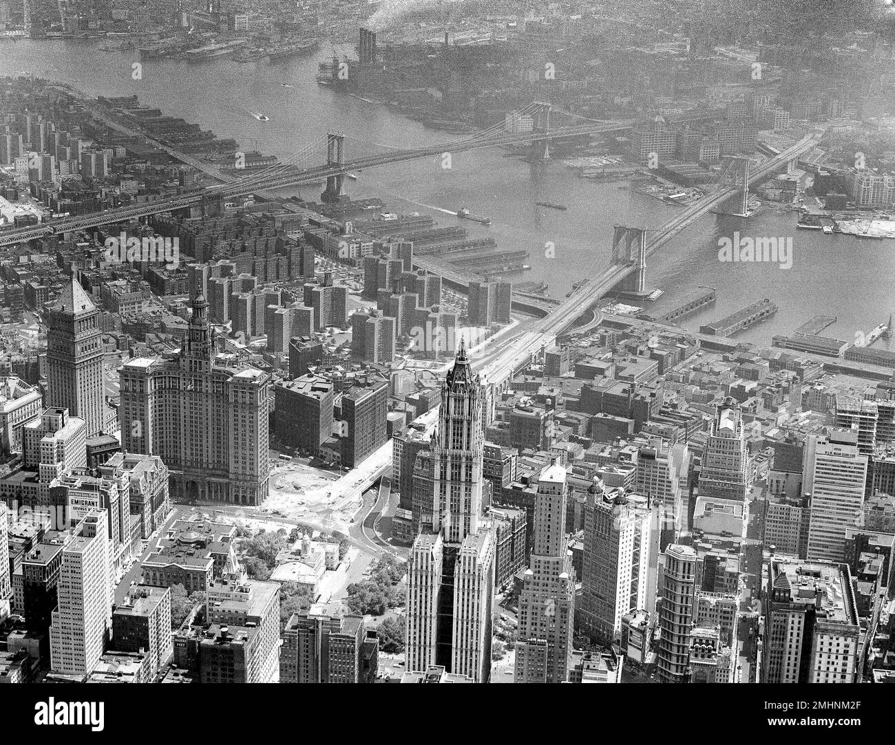 This is an aerial view of lower Manhattan looking toward Brooklyn, Aug ...