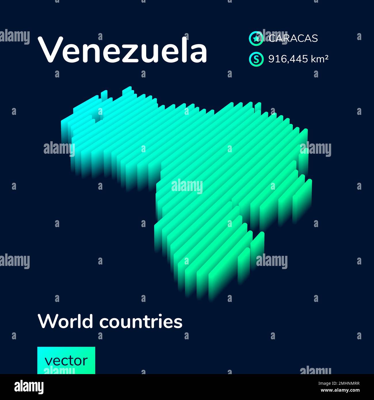 Stylized neon isometric striped vector Venezuela 3D map in green colors ...