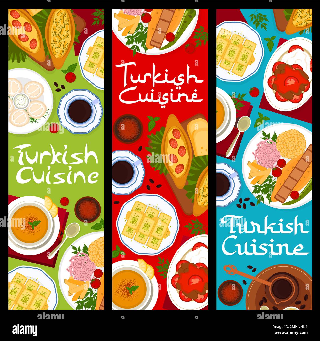 Turkish cuisine restaurant banners. Nuts dessert Baklava, meatballs ...