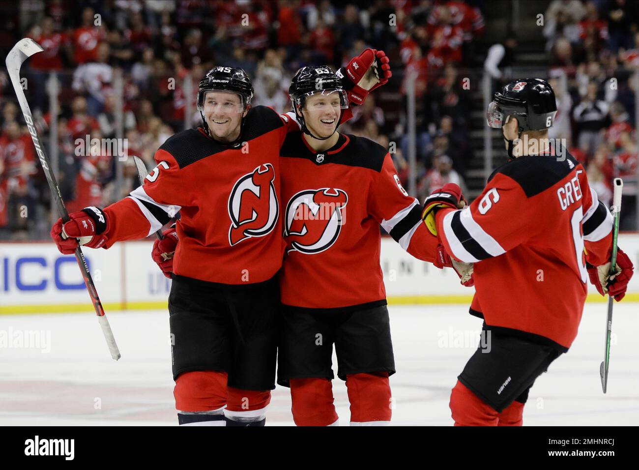 New Jersey Devils' Sami Vatanen (45) and Andy Greene (6) celebrate with ...
