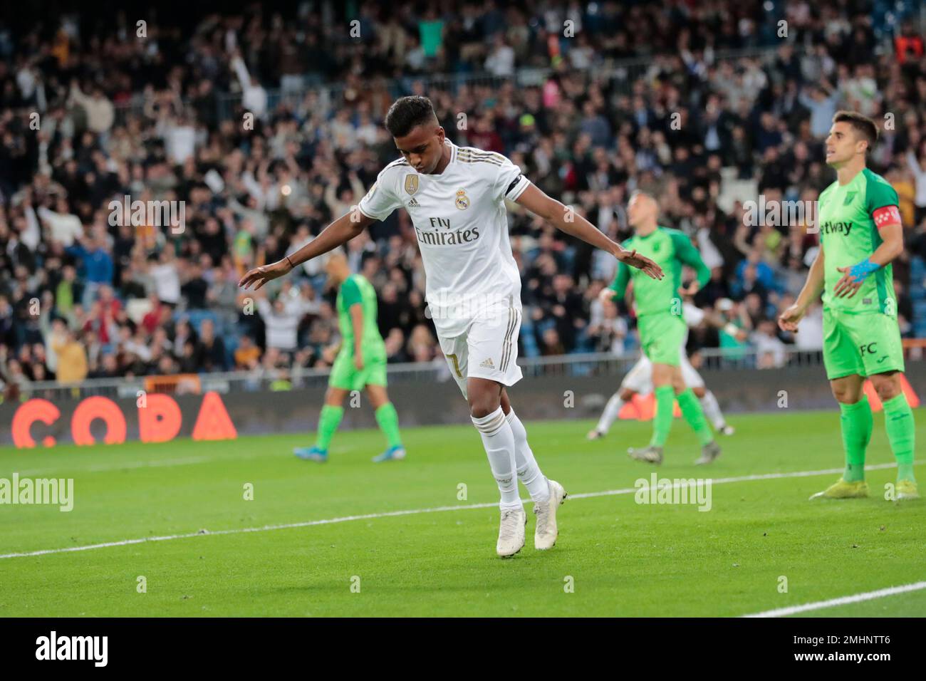 Real Madrid's Rodrygo celebrates after scoring the opening goal during ...