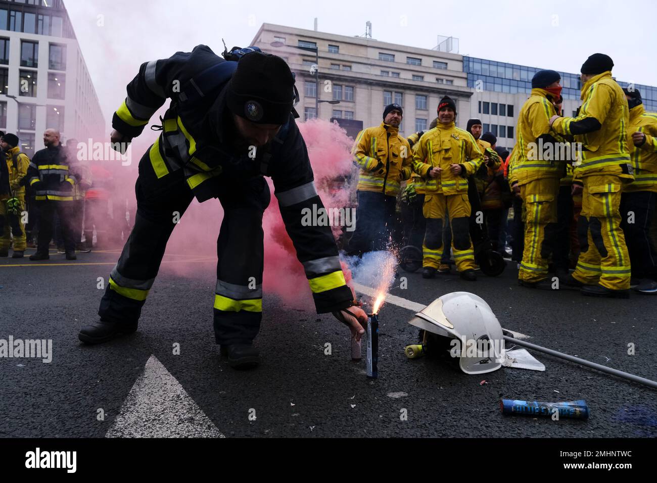 Brussels, Belgium. 27th Jan, 2023. Fire emerges next to a helmet on the ...