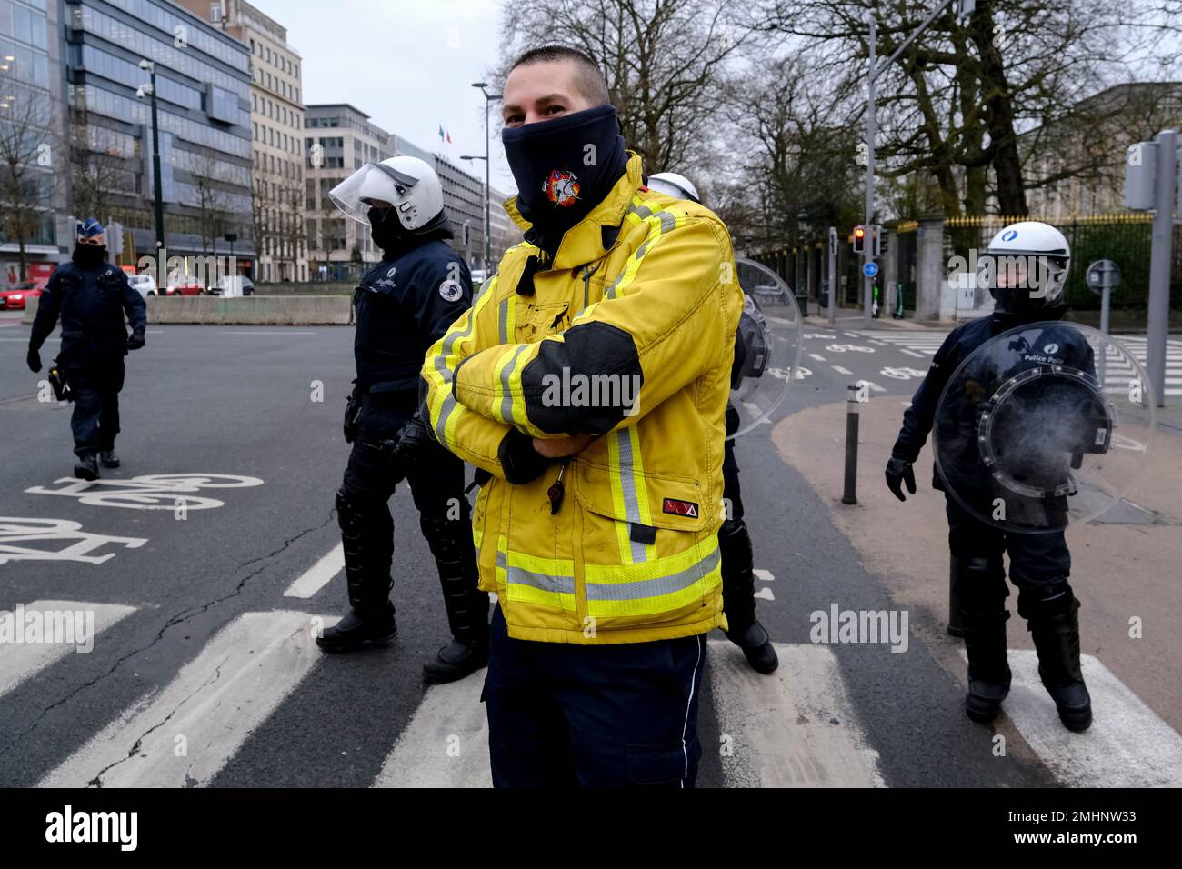 Brussels, Belgium. 27th Jan, 2023. Police officers stand guard as they ...