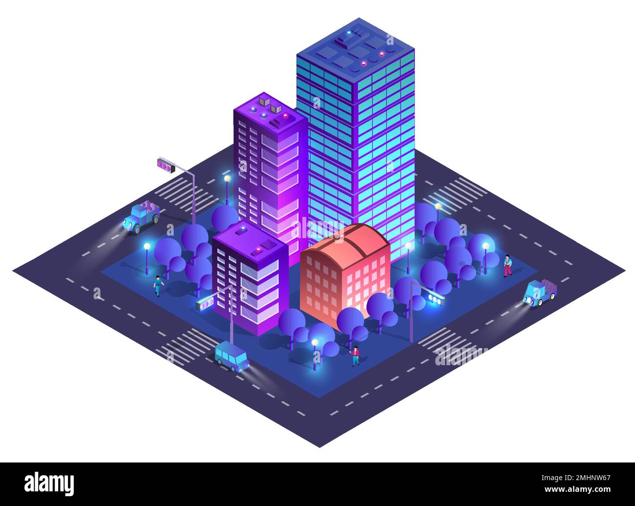 City urban area map Isometric night lights ultraviolet 3D illustration ...