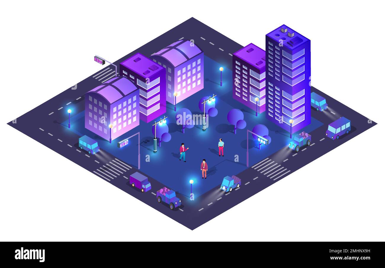 City urban area map Isometric night lights ultraviolet 3D illustration ...